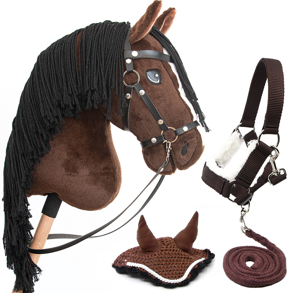 Ensemble Hobby Horse Jump Star bai avec filet noir, licol, longe et bo ...